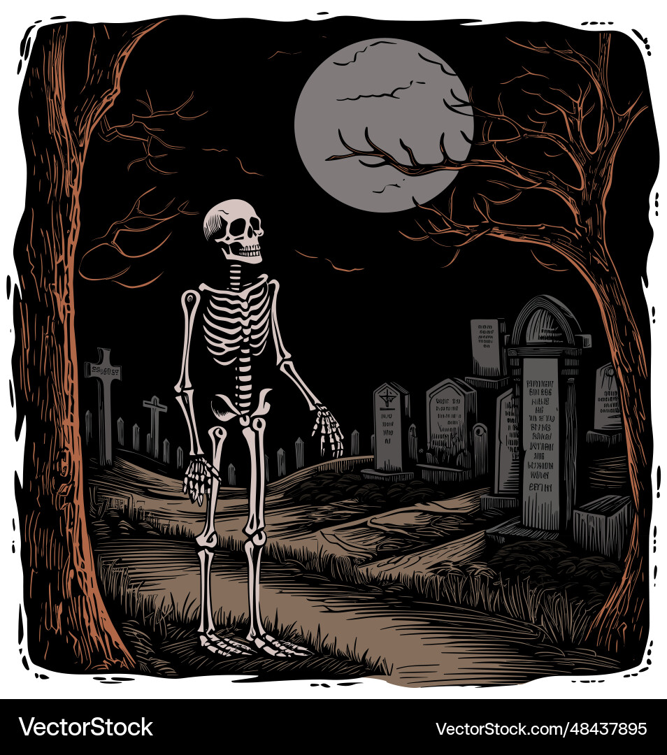 Skeleton in graveyard colored Royalty Free Vector Image