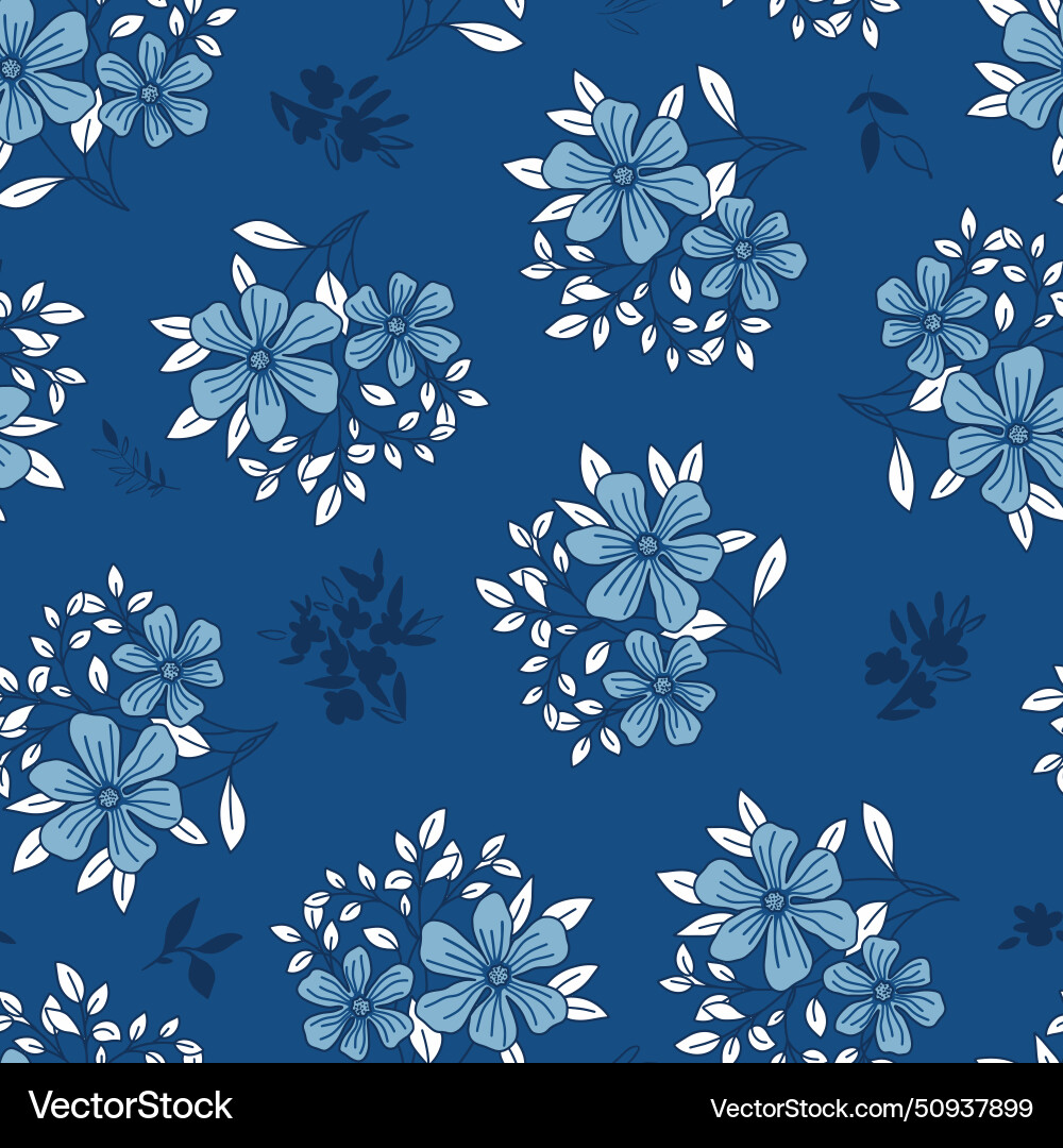 Blue monochrome floral bunches seamless pattern Vector Image