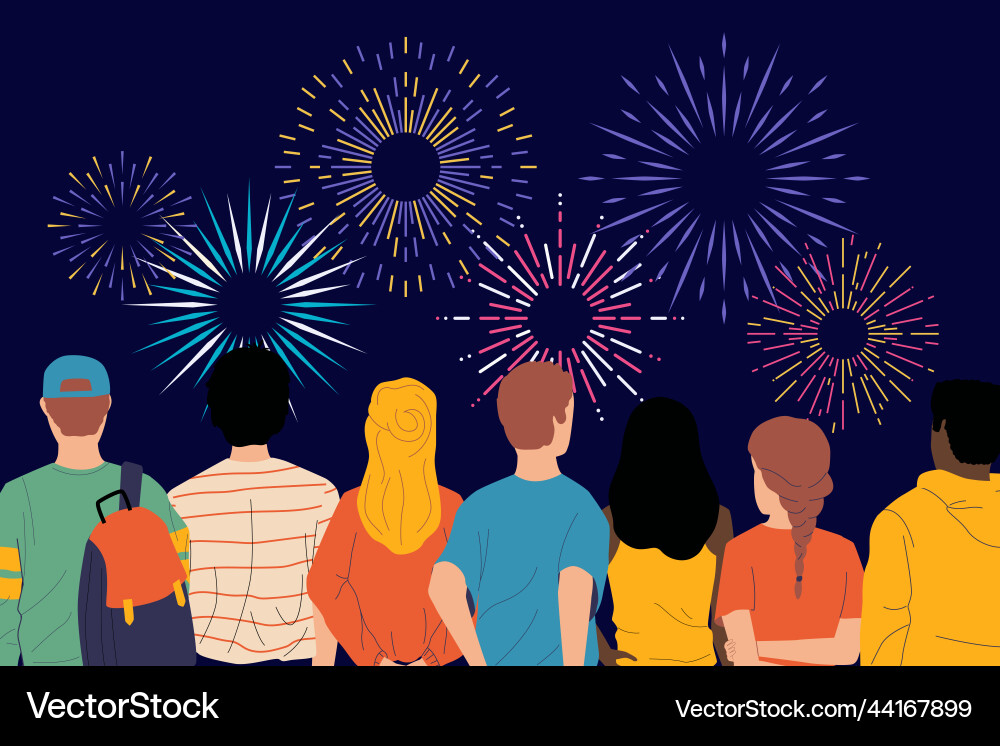 People watching fireworks persons standing behind Vector Image