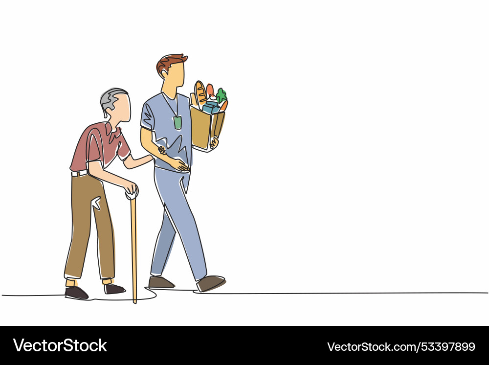 Single one line drawing young volunteers help old Vector Image