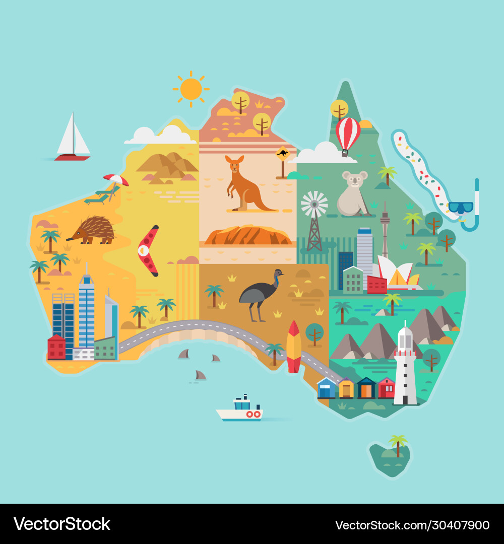 Map australia colorful landmarks Royalty Free Vector Image