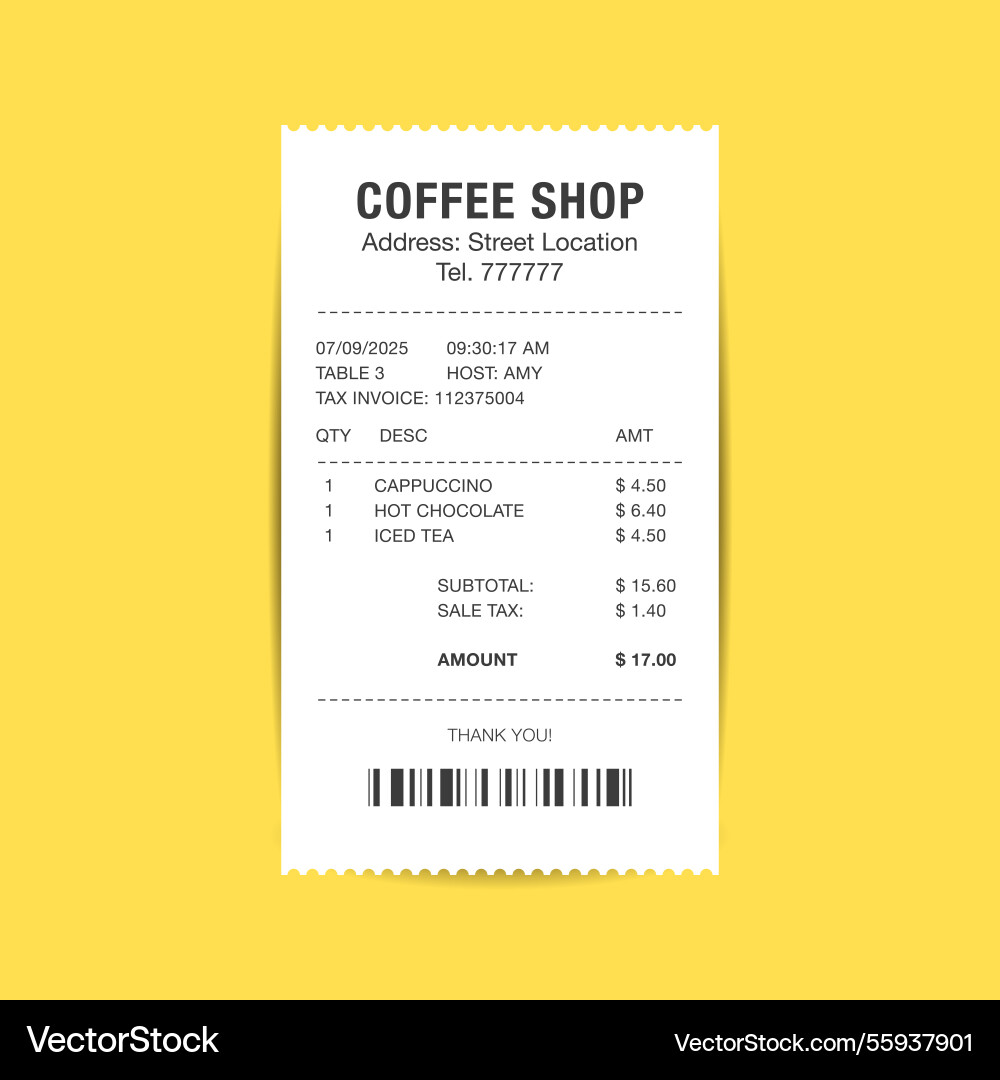 Coffee shop receipt with itemized purchases Vector Image