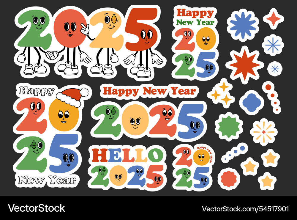 Groovy 2025 New Year Stickers Royalty Free Vector Image