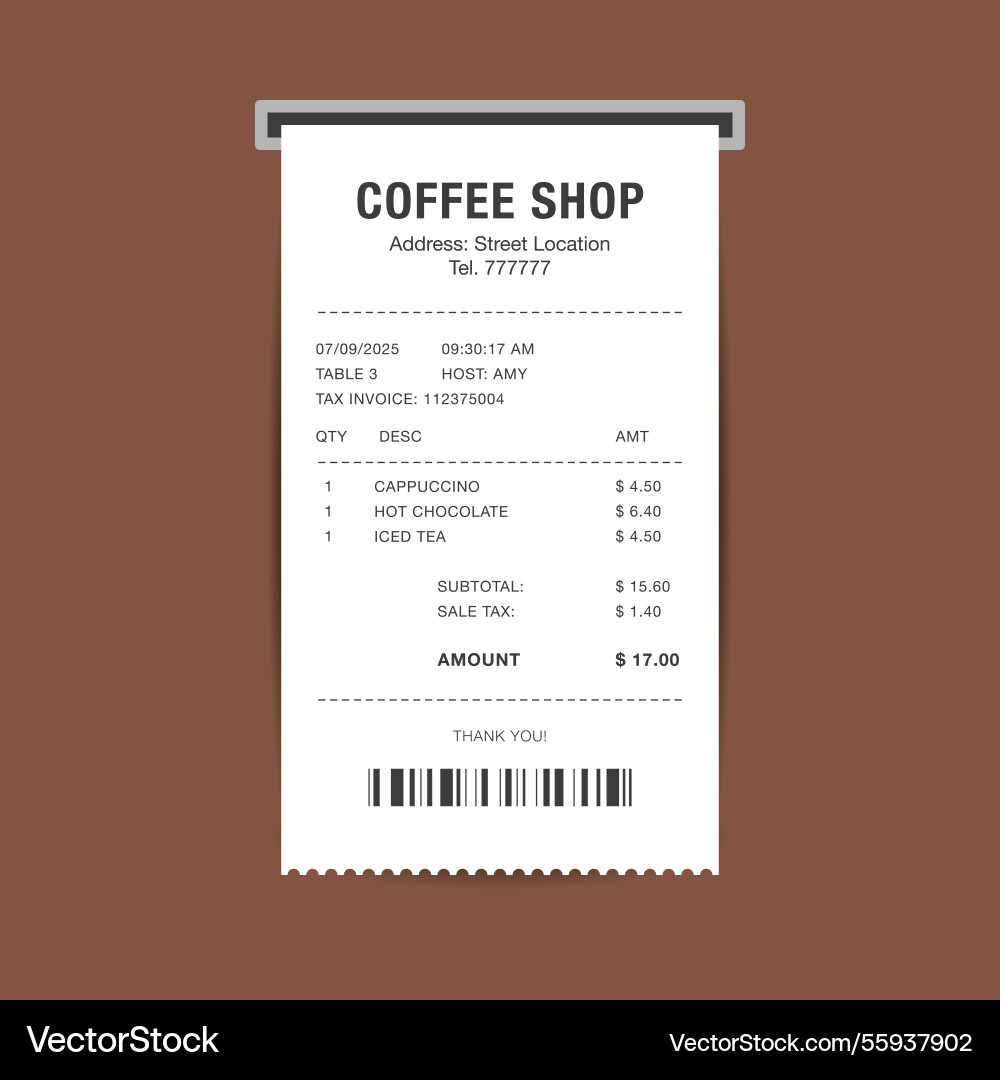 Coffee shop receipt with itemized purchases Vector Image