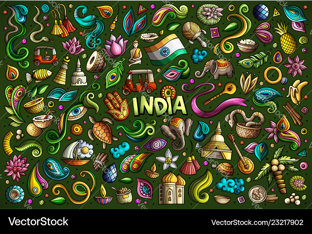 Doodle cartoon set of indian objects Royalty Free Vector