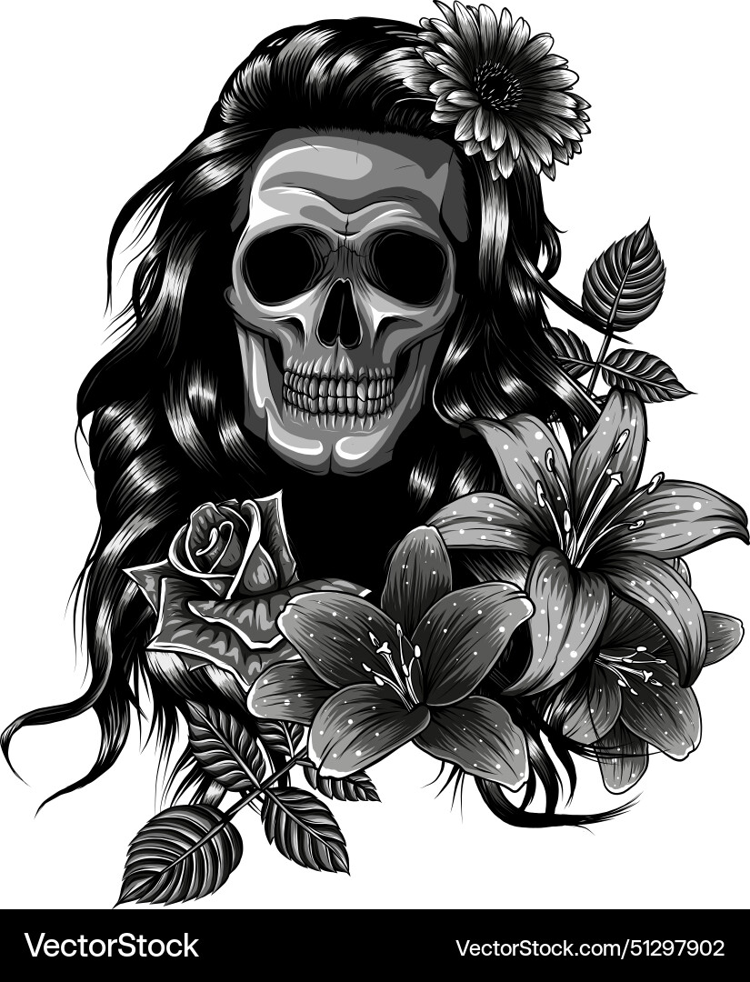 Monochrome leaning skull flowers Royalty Free Vector Image
