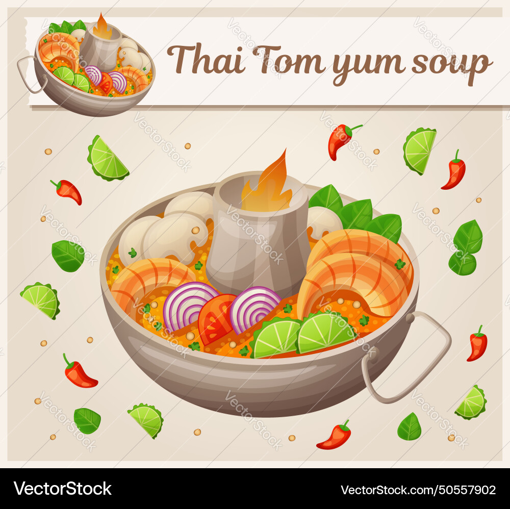 Red tom yum soup icon with ingredients Royalty Free Vector