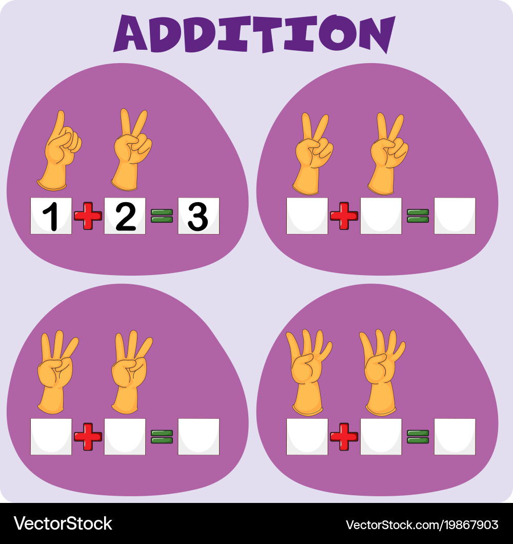 Addition worksheet with hand gestures Royalty Free Vector