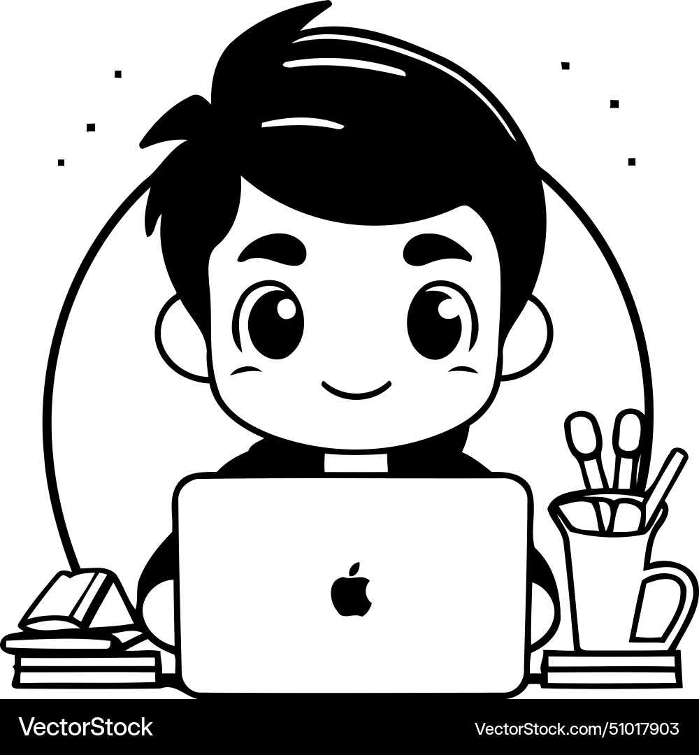Cute boy using laptop computer in cartoon style Vector Image