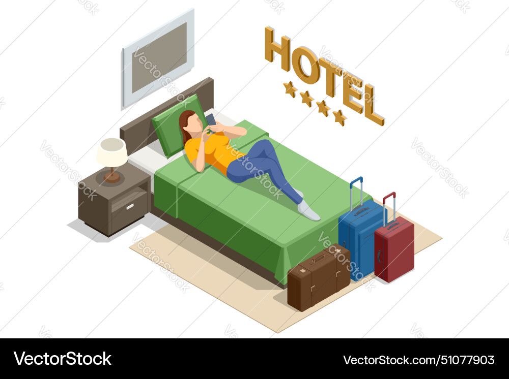Isometric modern bedroom suite in hotel hotel Vector Image
