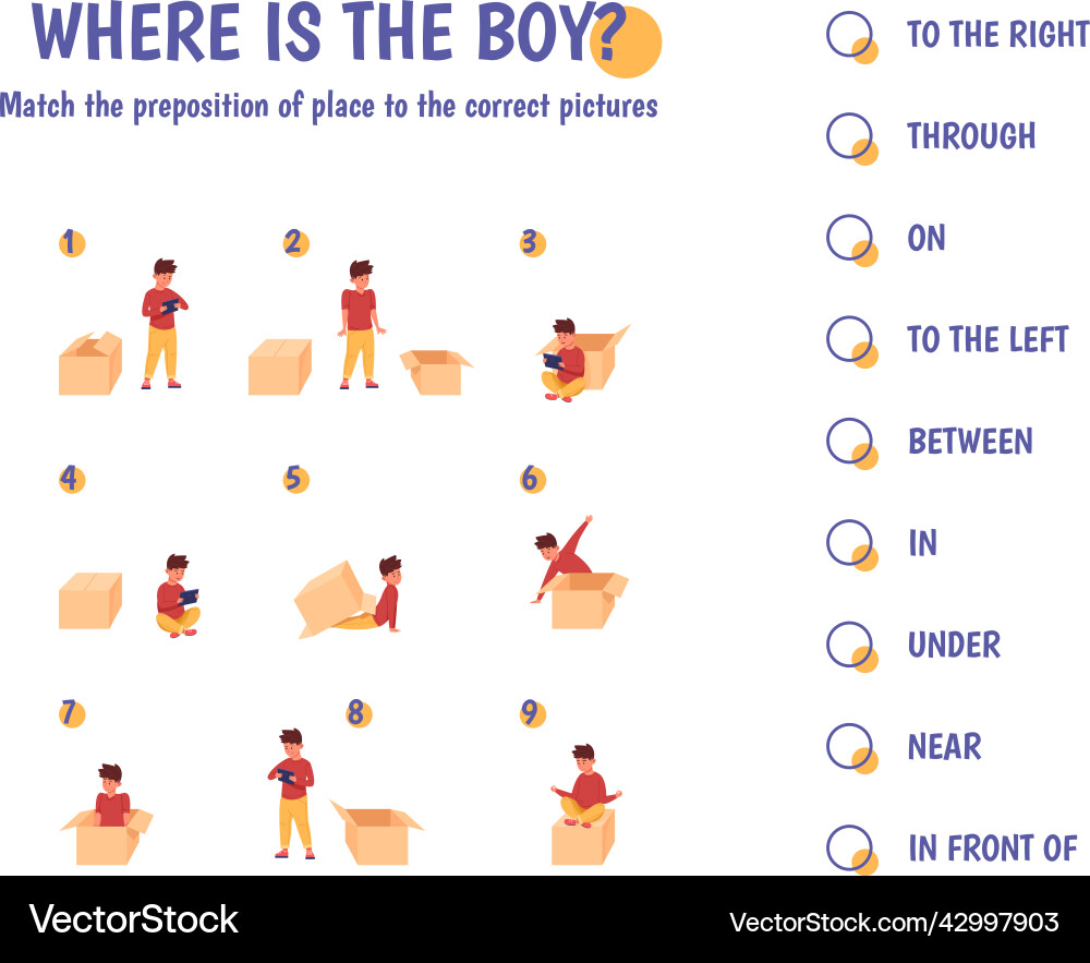 Prepositions game preschool learning english Vector Image