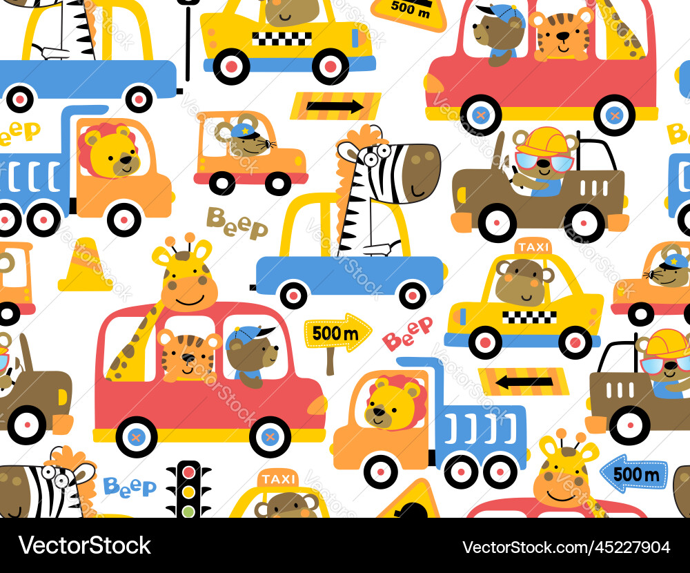 Cartoon Vehicle Pattern - Animals & Cars Vector Image