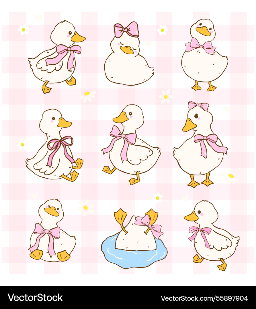 Cute white call duck with pink ribbon bow Vector Image