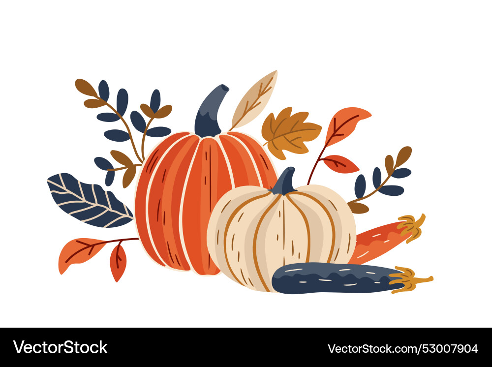 Fall decor of pumpkins and leaves Royalty Free Vector Image
