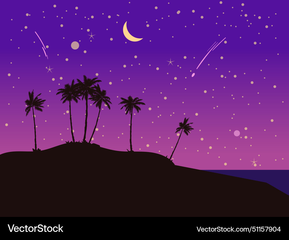 Night tropical seashore landscape palms Royalty Free Vector