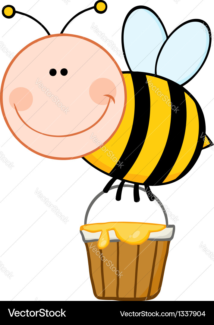 Smiling bee flying with a honey bucket Royalty Free Vector
