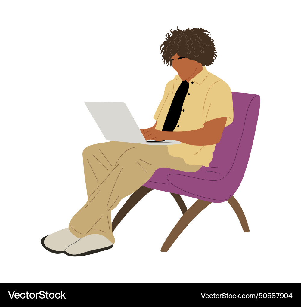 Young man sitting on chair working at laptop Vector Image