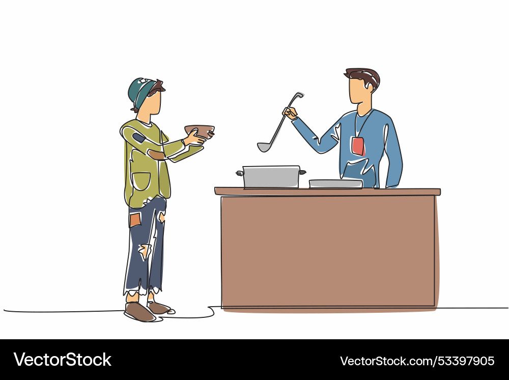 Continuous one line drawing a man gives food Vector Image