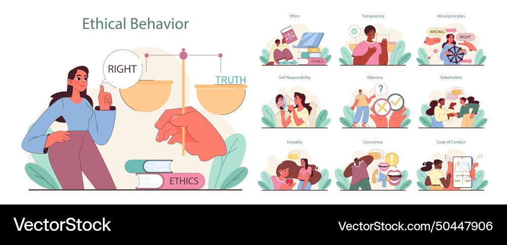 Ethical behavior set balancing truth Royalty Free Vector