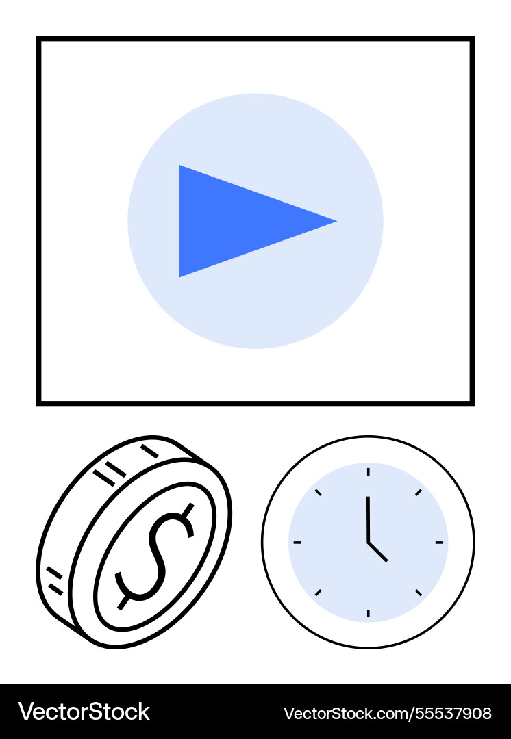 Blue play button with clock and coin highlighting Vector Image