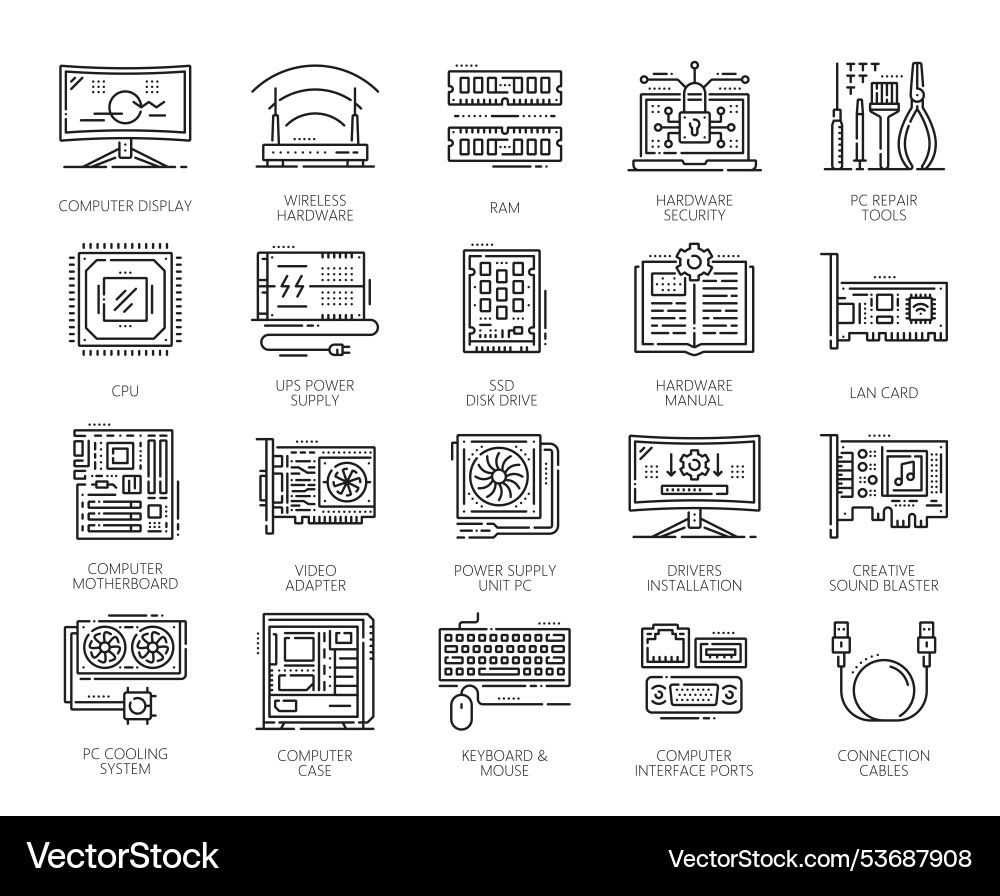 Computer software and hardware line icons Vector Image