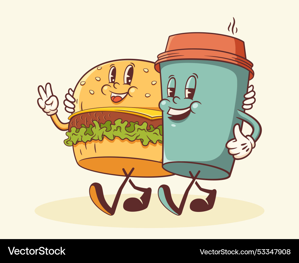 Groovy burger and coffee retro character Vector Image