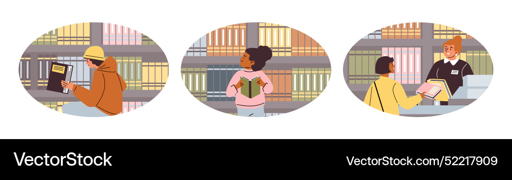 Cute girl in library or bookstore set Royalty Free Vector