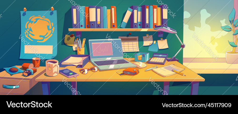 Messy desk with laptop papers and dirty cups Vector Image