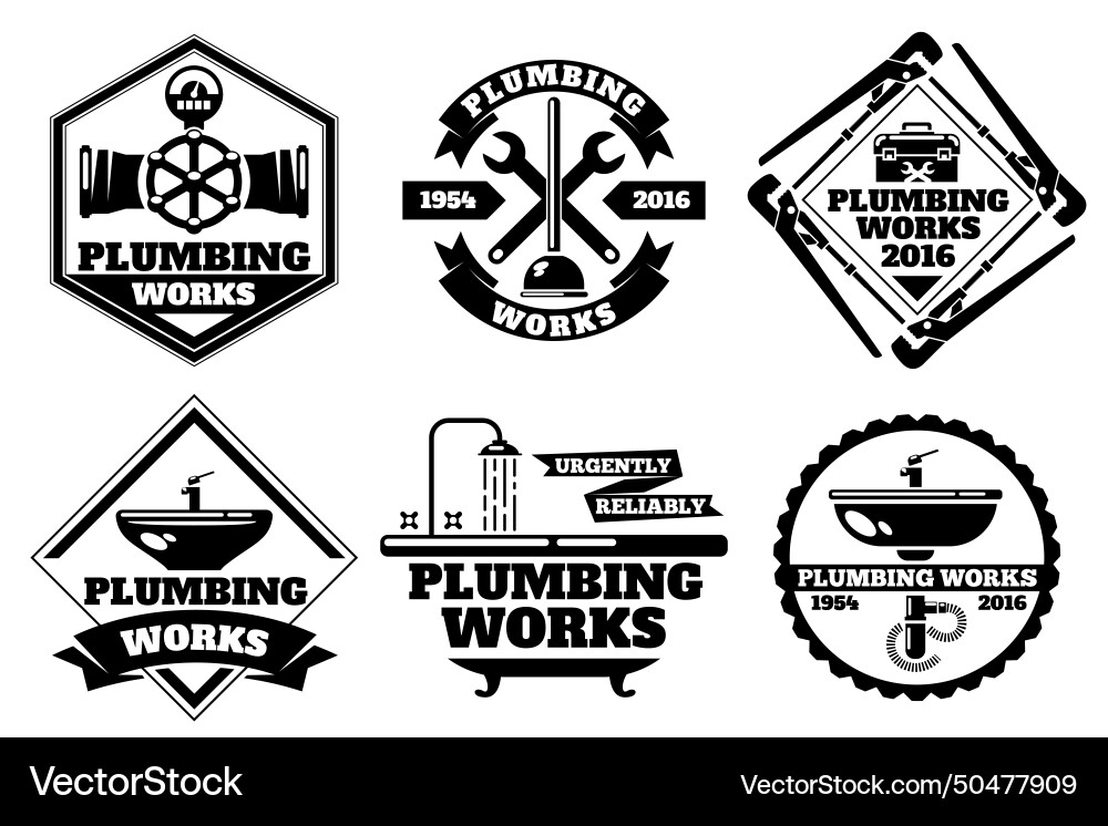 Plumber working logo and force plumbing label set Vector Image