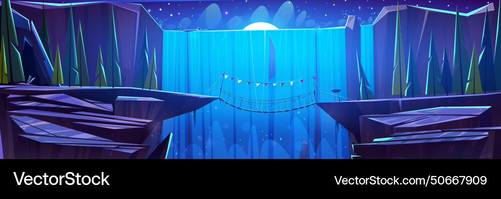 Rope bridge between edges of cliff near waterfall Vector Image