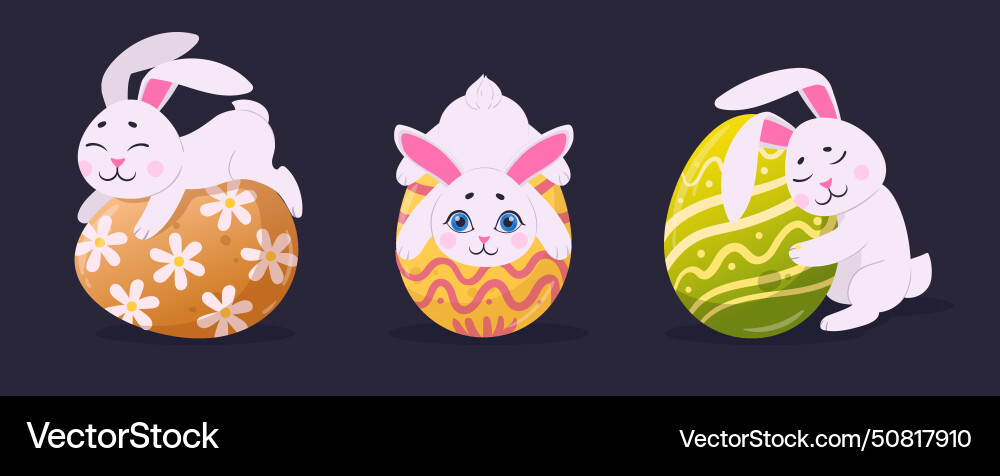 Rabbits with eggs cartoon easter bunnies Vector Image