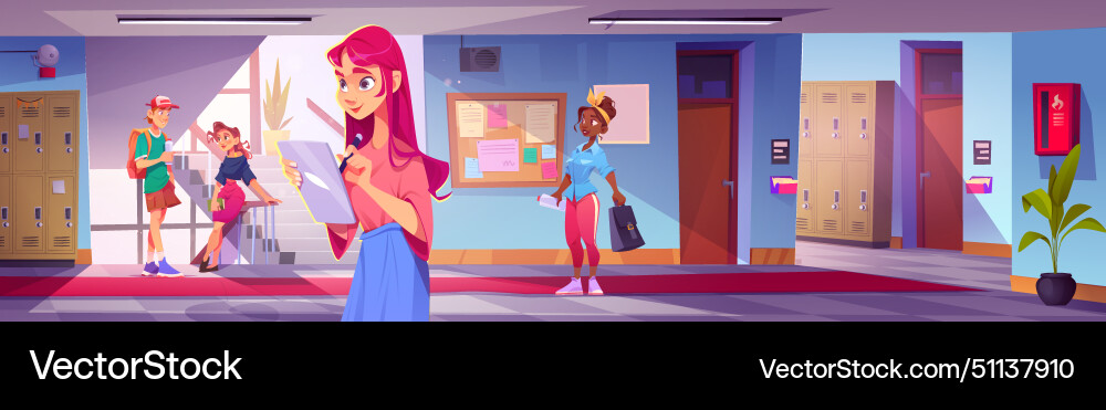 Students in college or high school hallway Vector Image