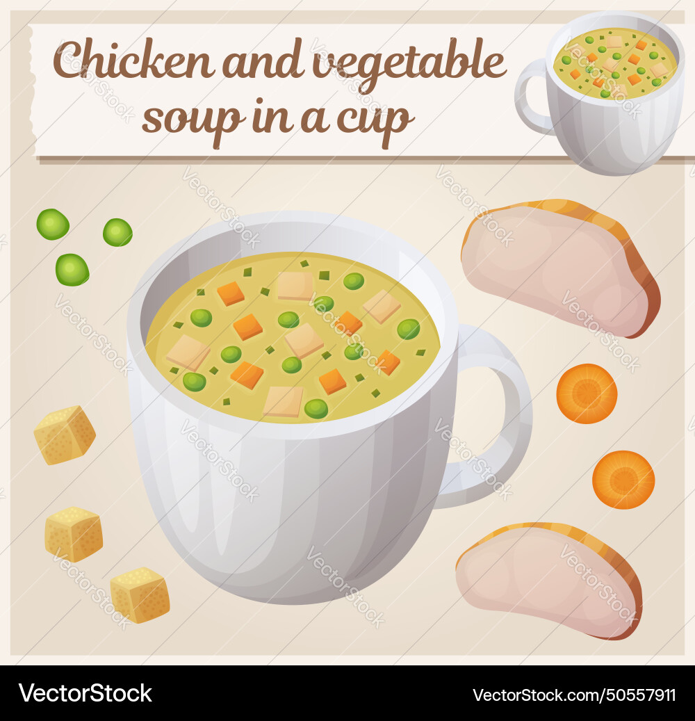 Chicken vegetable soup in a cup cartoon icon Vector Image
