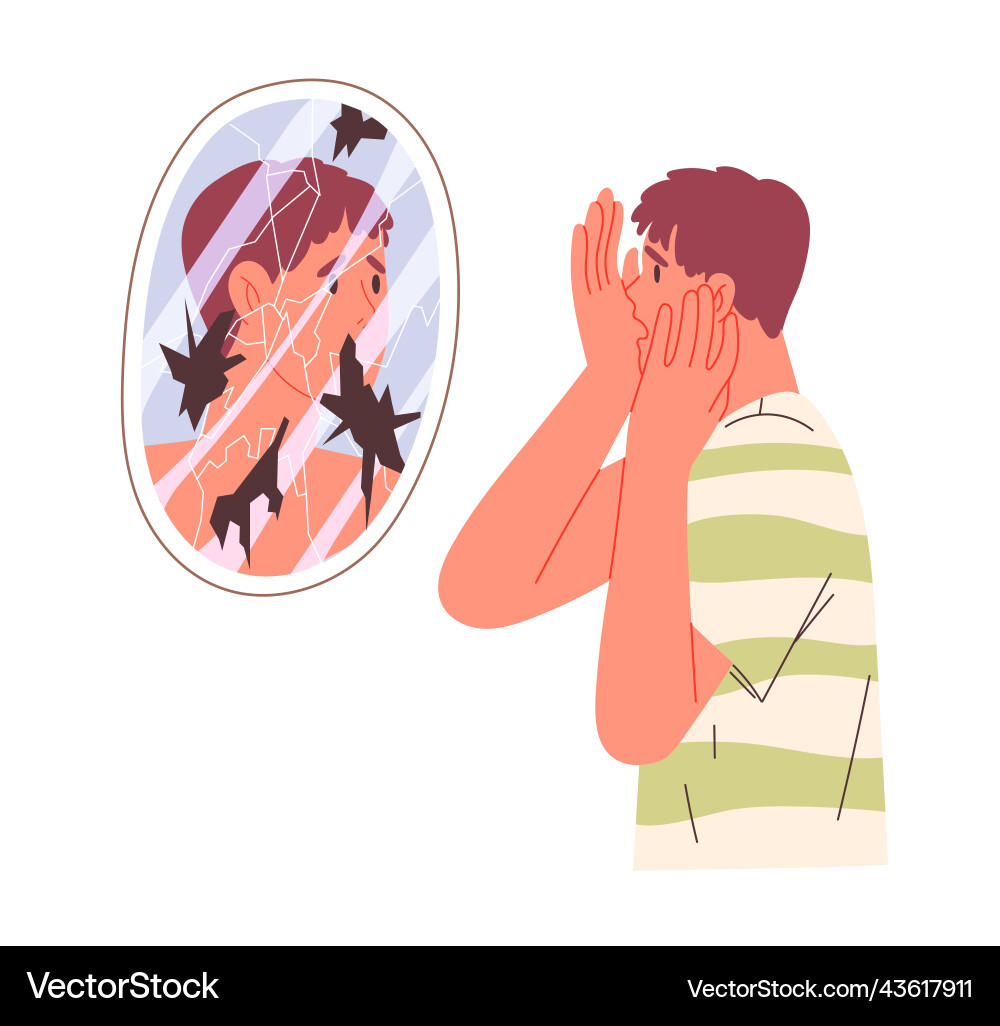 Man looks frightened into broken mirror Royalty Free Vector