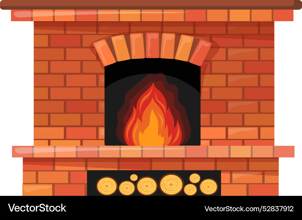 Brick fireplace with burning firewood cartoon Vector Image