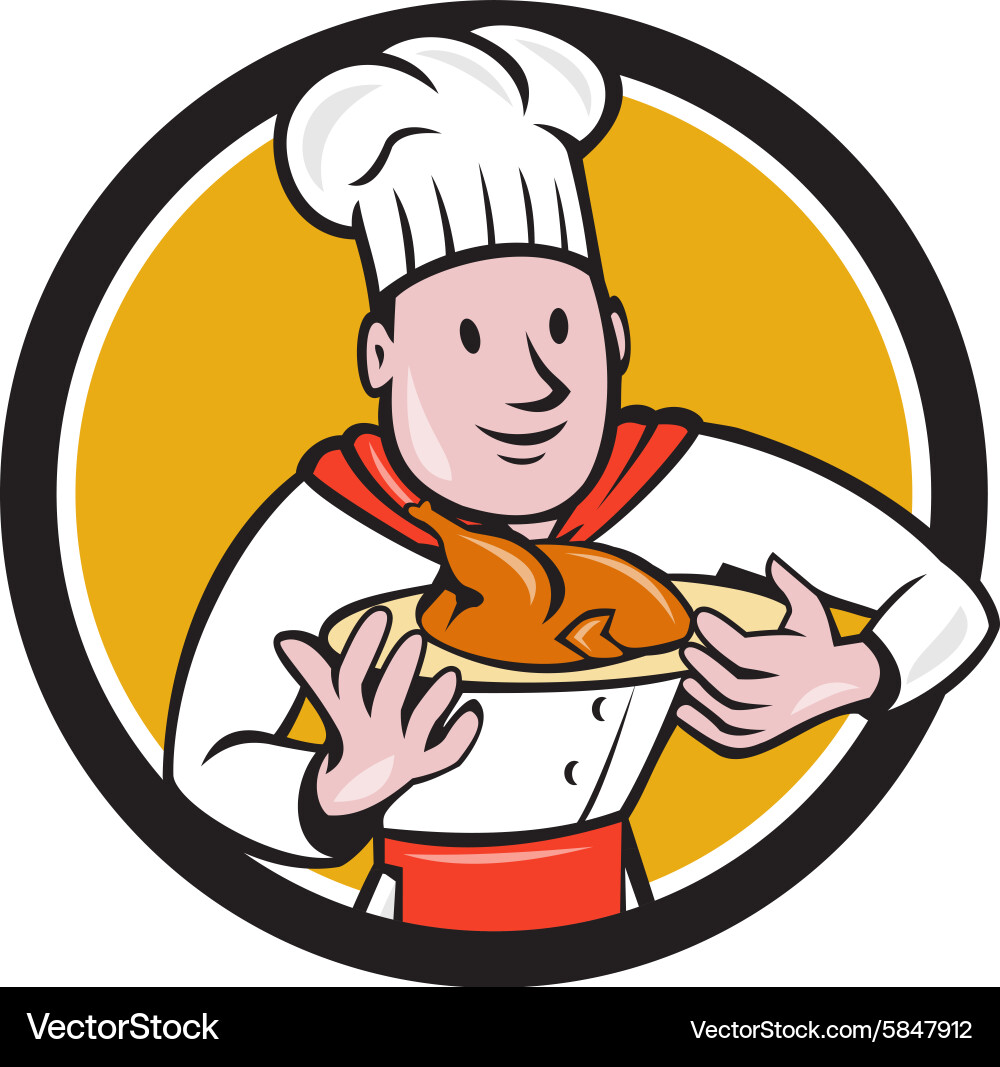 Chef cook roast chicken dish circle cartoon Vector Image