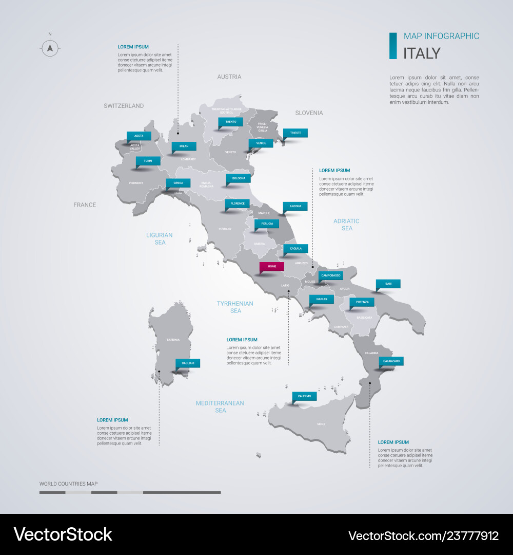 Italy map with infographic elements pointer marks Vector Image