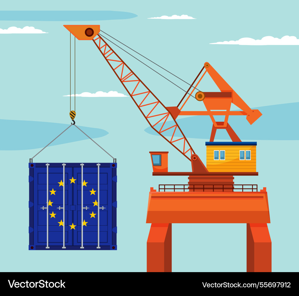 Kran Heben Eu Container unter blauem Himmel Vektorbild
