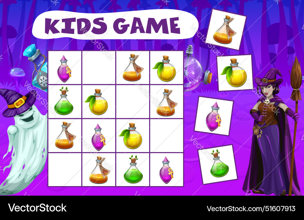 Halloween maze game with magic potion bottles Vector Image