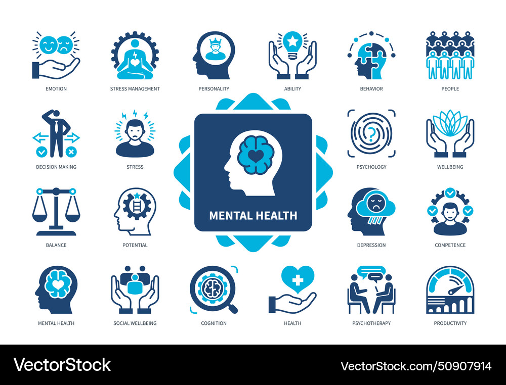 Mental Health Icon Set - Solid Style Royalty Free Vector