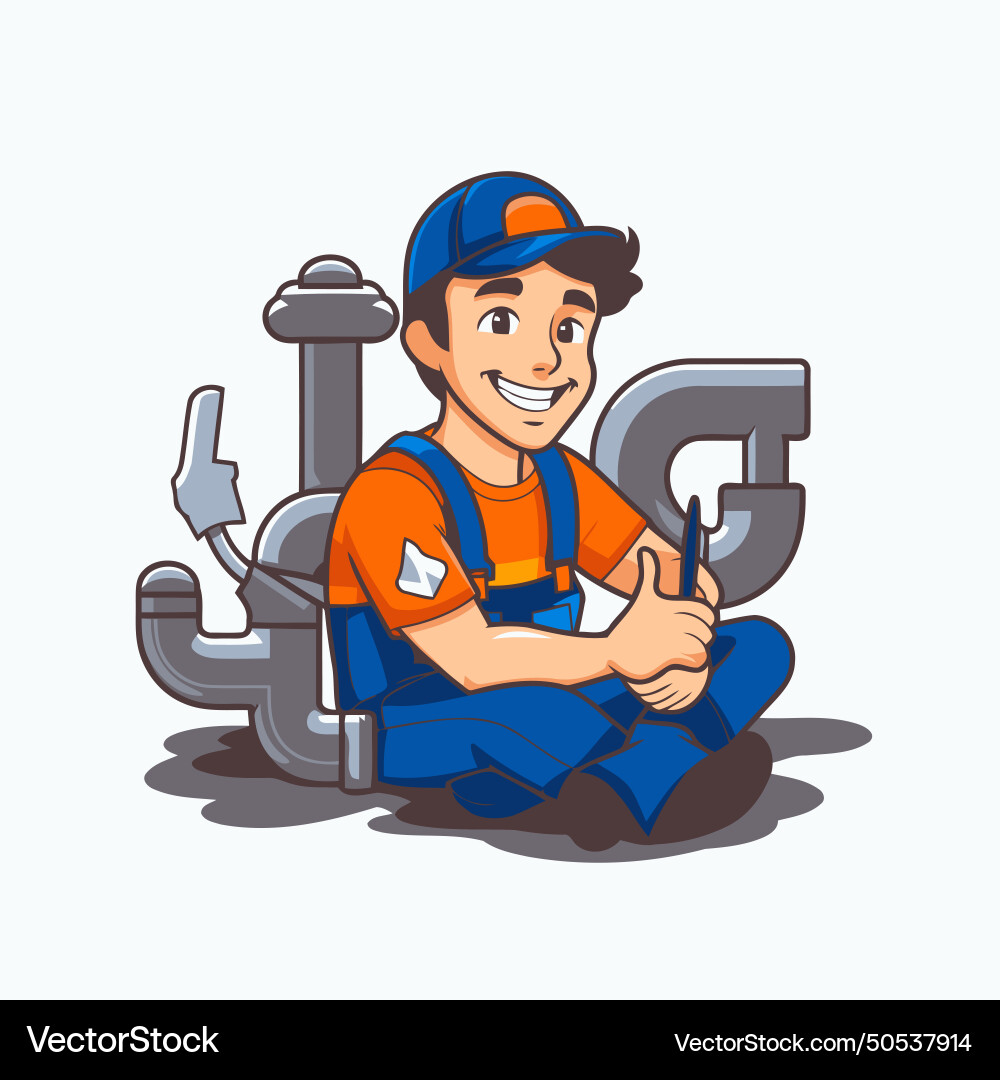 Plumber with wrench and pipe character Royalty Free Vector