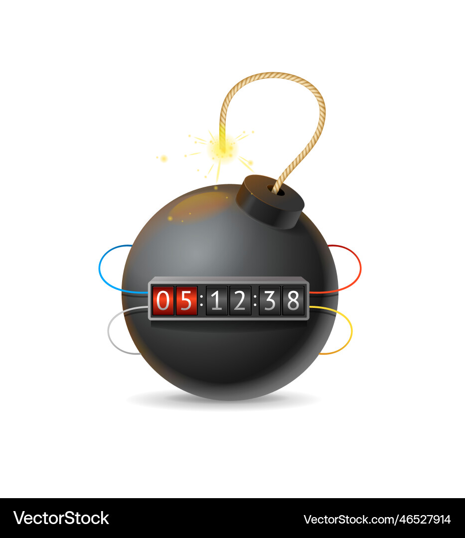 Realistic detailed 3d round black bomb with timer Vector Image
