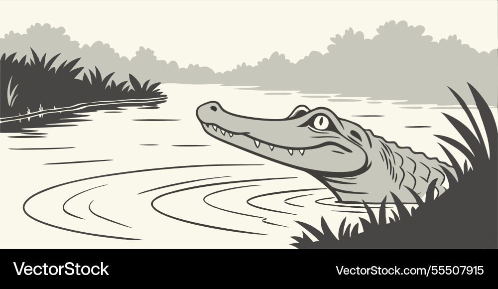 Cartoon alligator in swamp environment Royalty Free Vector