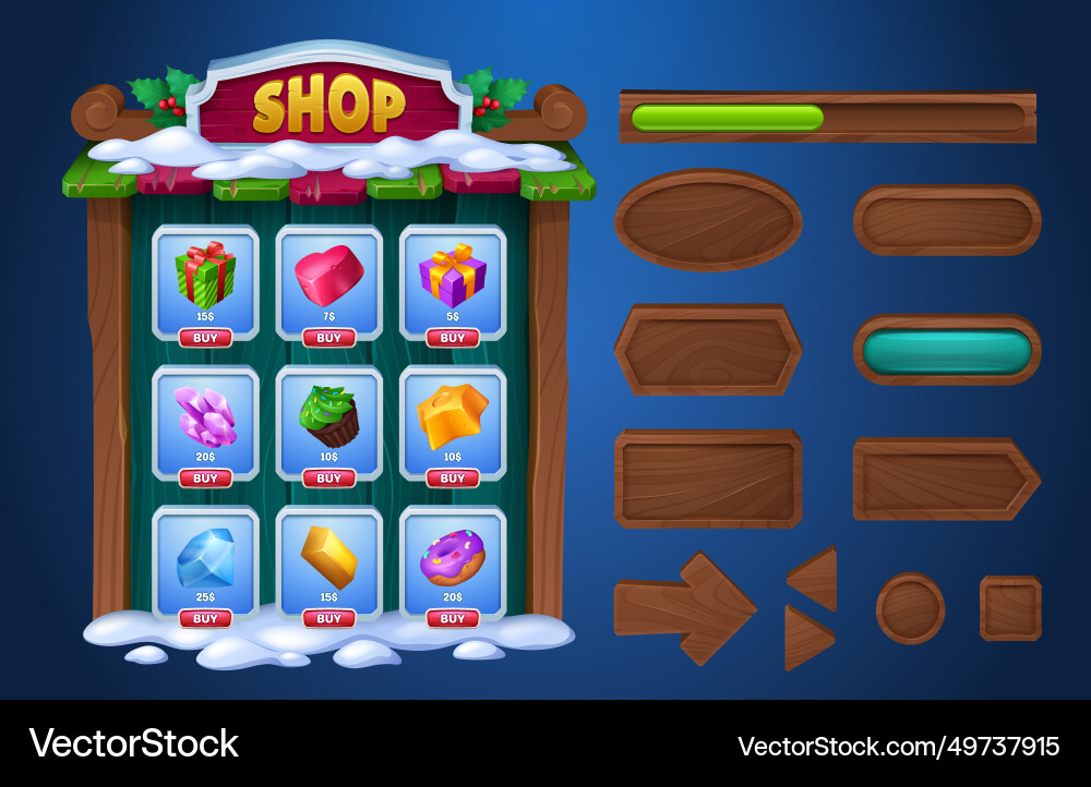 Game ui menu boards buttons and shop design Vector Image