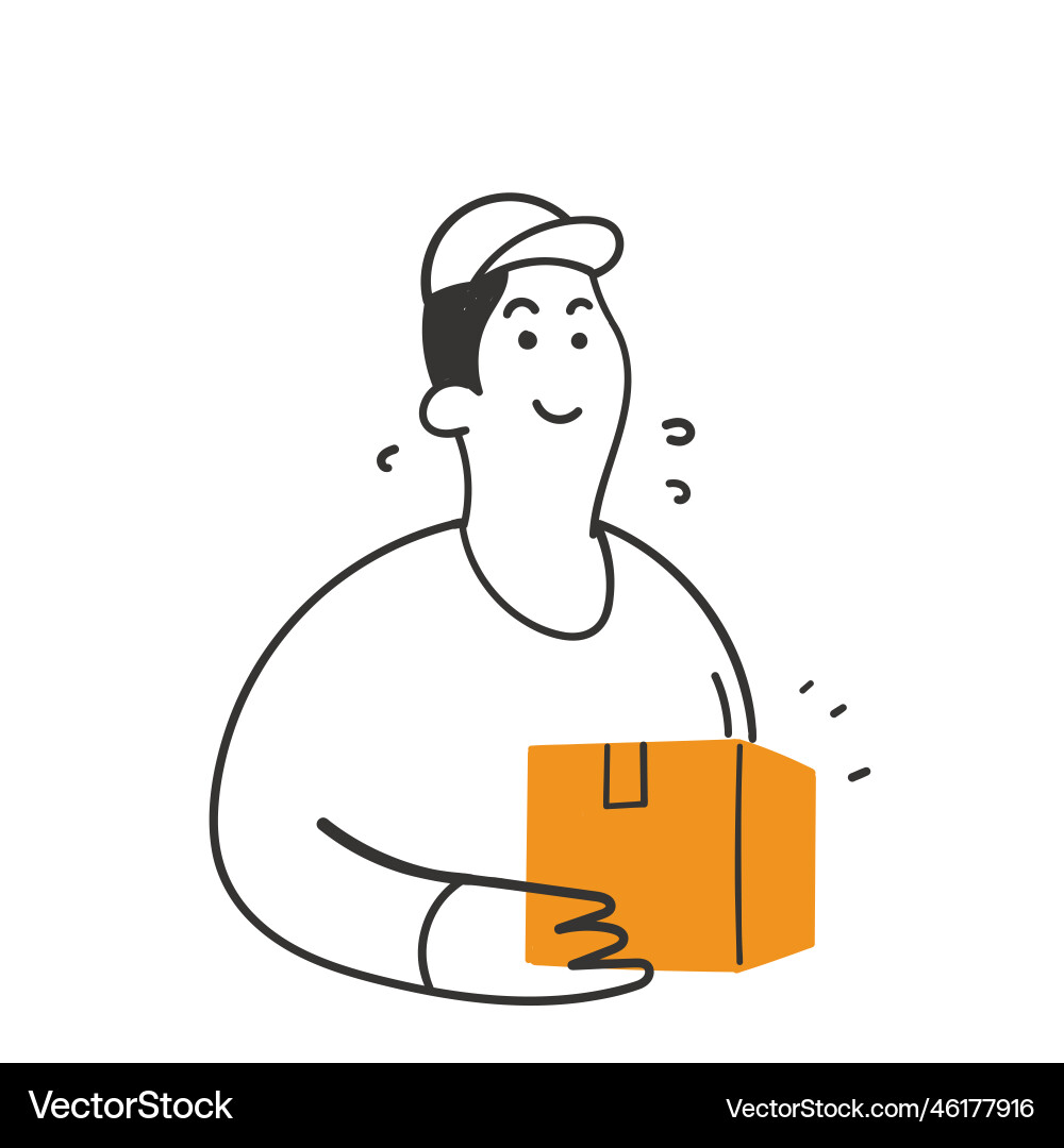 Hand drawn doodle delivery courier person holding Vector Image