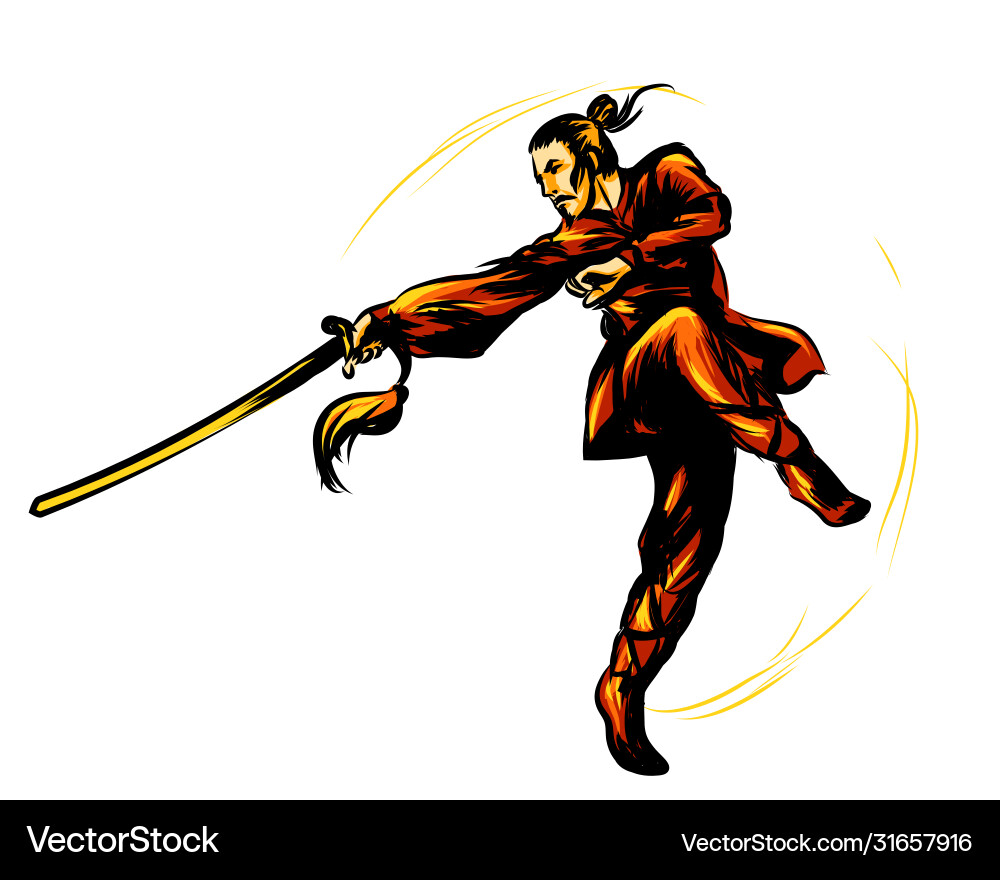 Master wushu shaolin warrior in a jump Royalty Free Vector