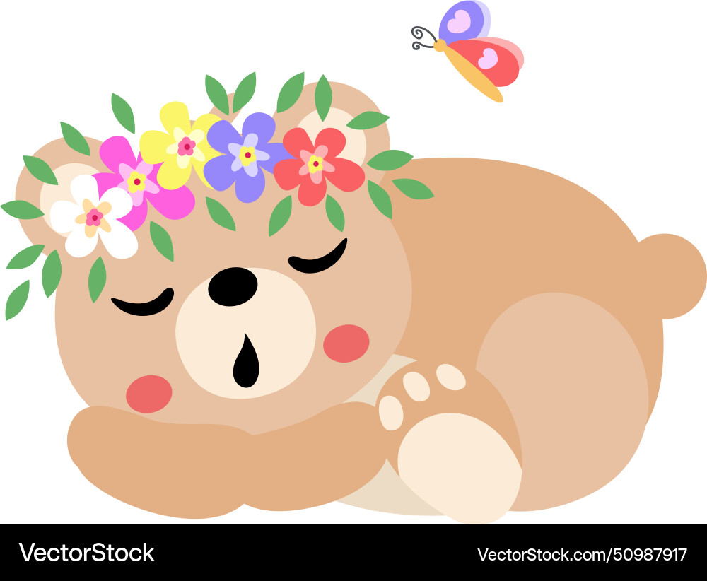 Teddy bear sleeping with wreath floral on head Vector Image
