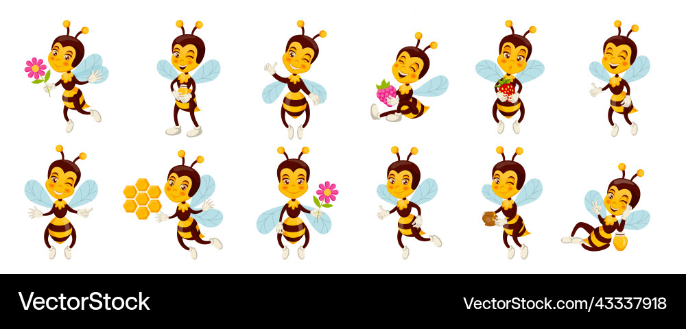 Cartoon bee character set cute flying bug mascot Vector Image