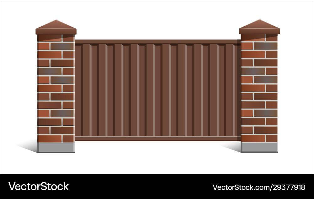 Fence with brick pillars and metal profile Vector Image