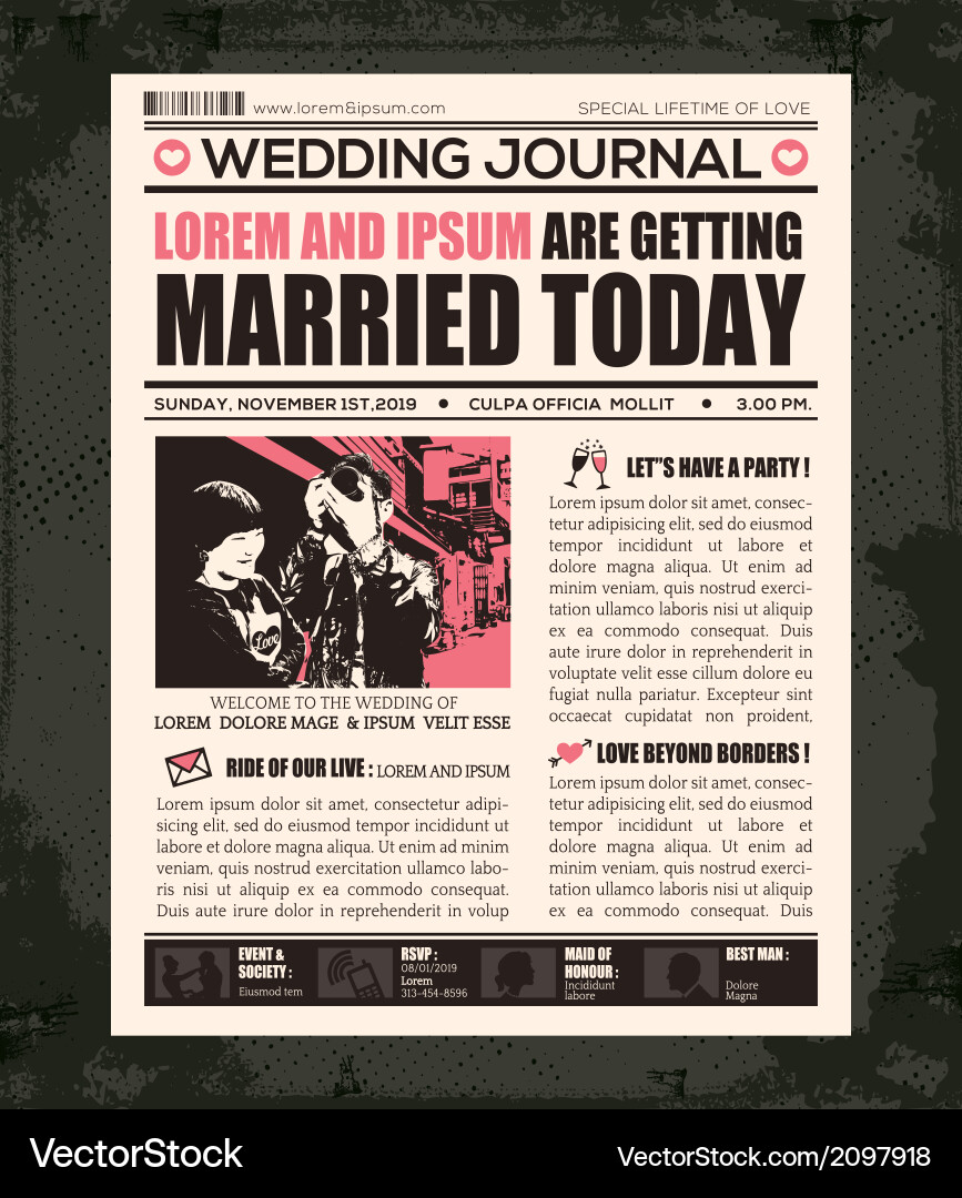 Newspaper style wedding invitation design template